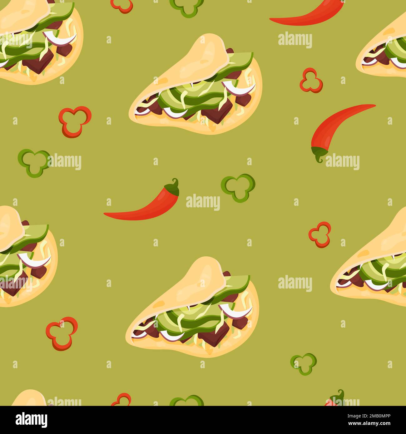 Seamless pattern with latin american food. Mexican Tacos on green ...