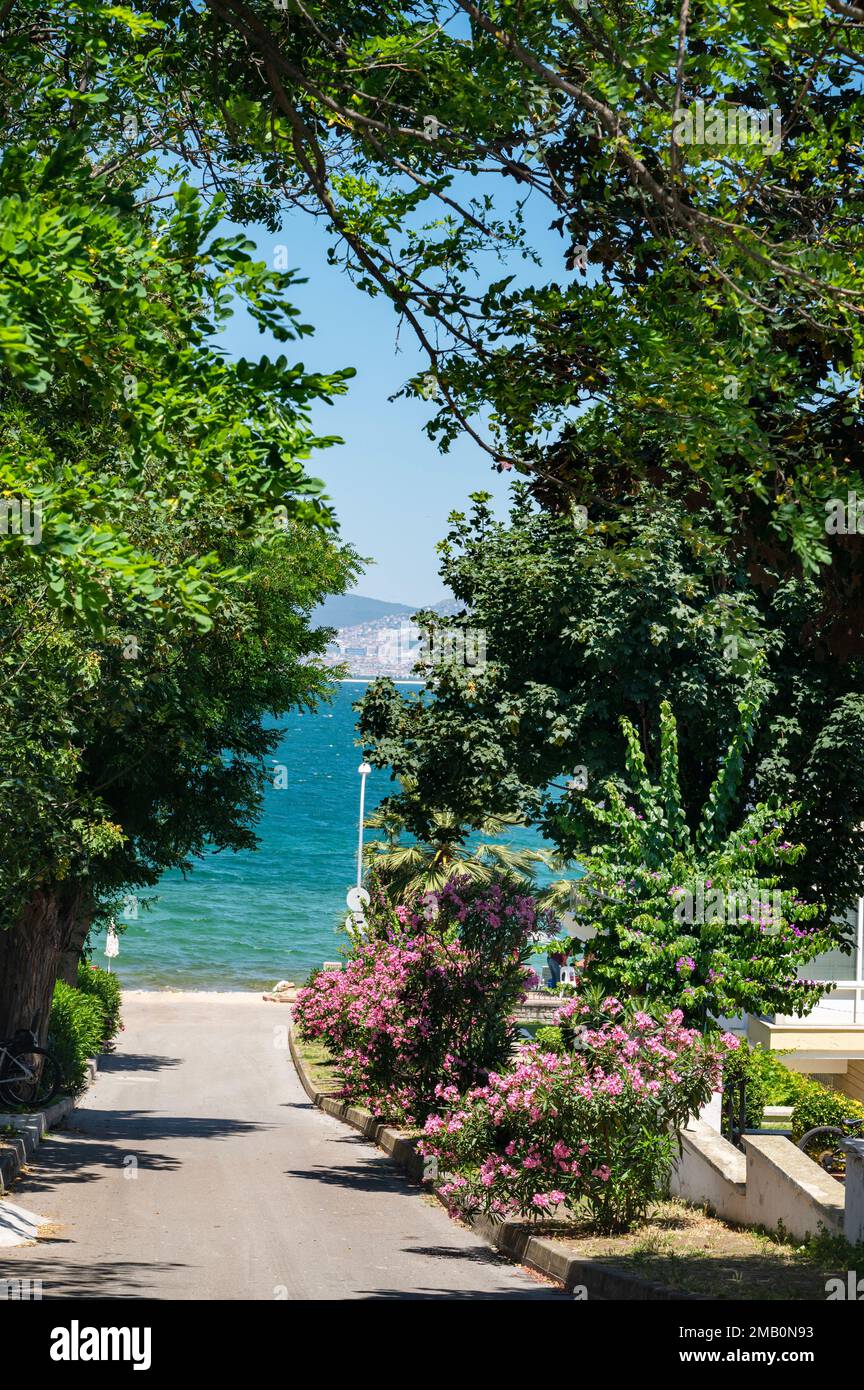 A path with beautiful blooming gardens and views of the Marmara Sea on ...