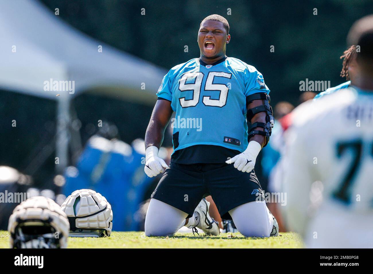 Carolina Panthers defensive tackle Derrick Brown warms up at the NFL ...