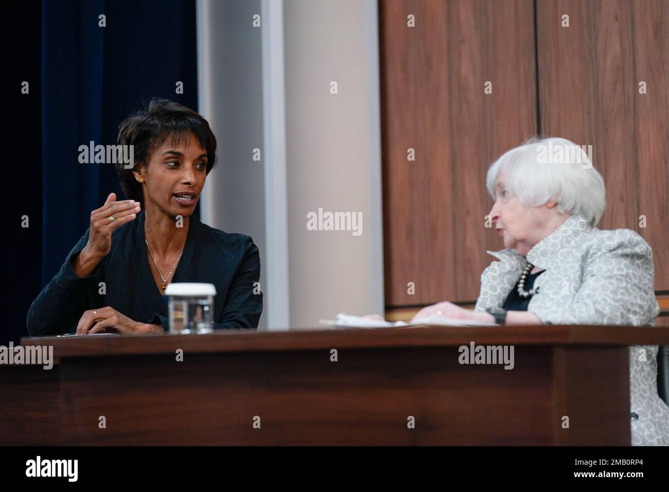 Cecilia Rouse, chair of the Council of Economic Advisers,left, talks ...