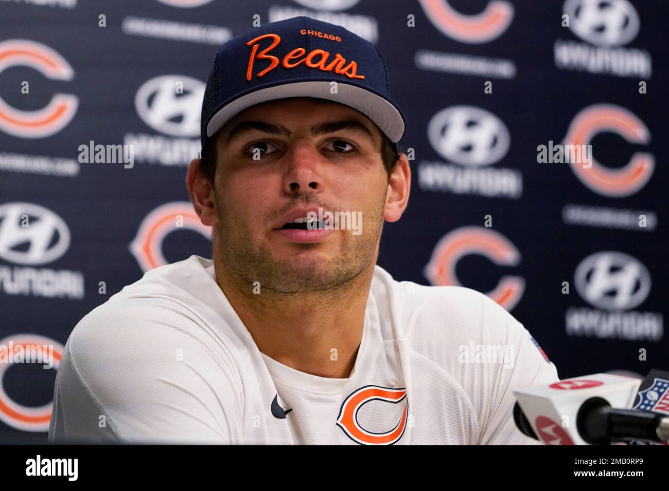 Chicago Bears tight end Cole Kmet speaks at a news conference at the ...