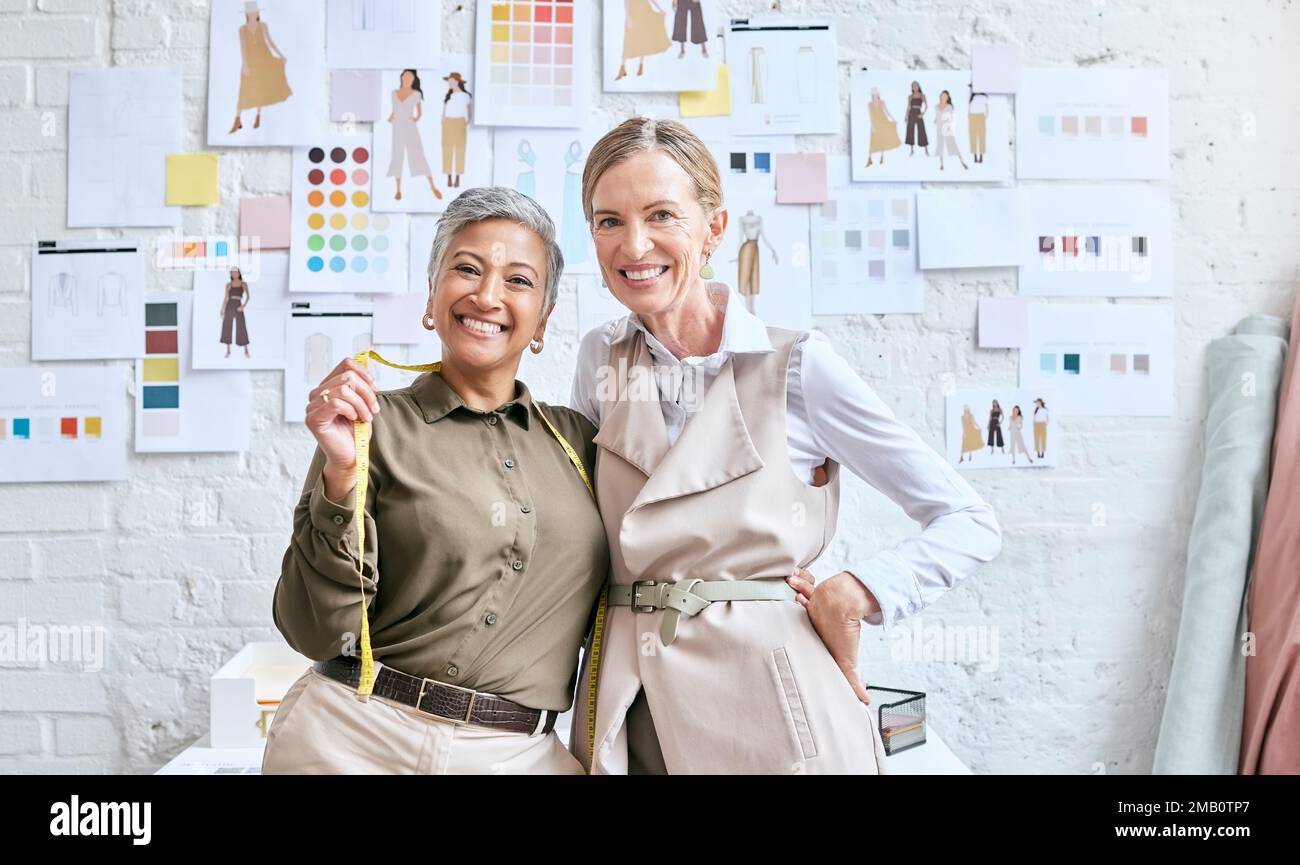 Team, fashion designer and portrait of senior women in workshop, happy and smile for small ...