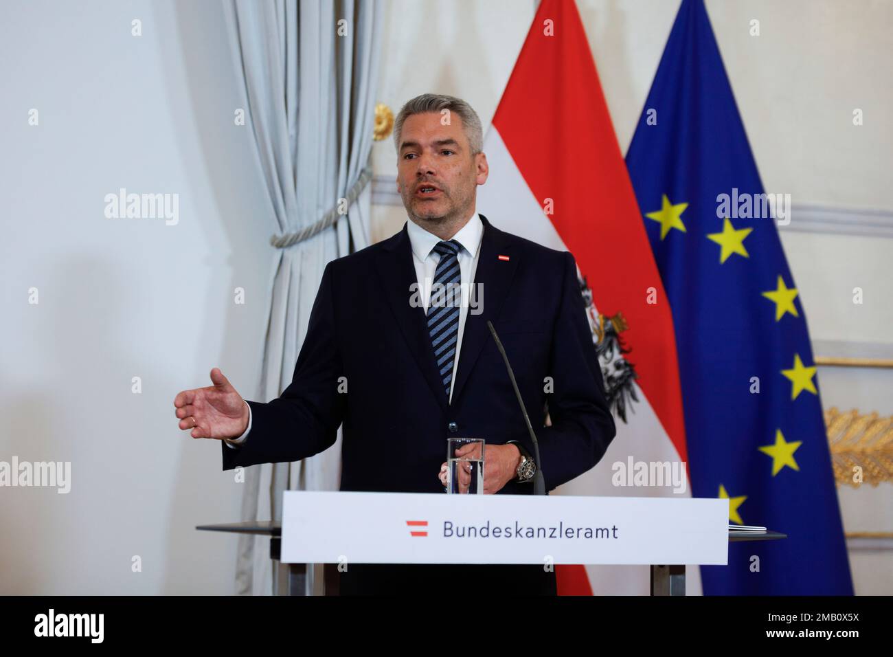 Austrian Chancellor Karl Nehammer addresses the media during a joint ...