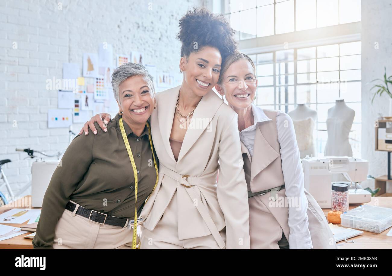 Fashion designer, team and portrait in workshop, smile and happy about ...