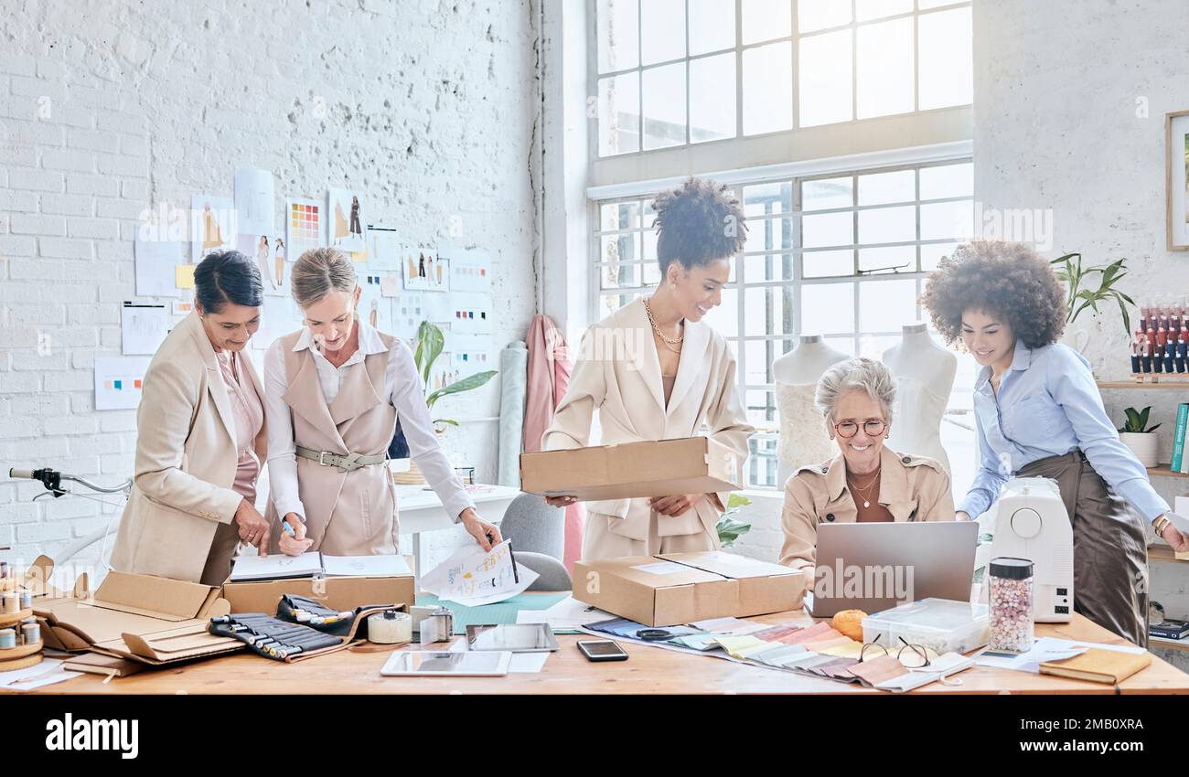 Delivery manager, laptop and e commerce team work, package box or stock ...