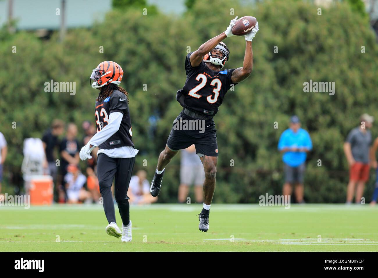 Cincinnati Bengals' Dax Hill makes a catch in a drill during a practice ...