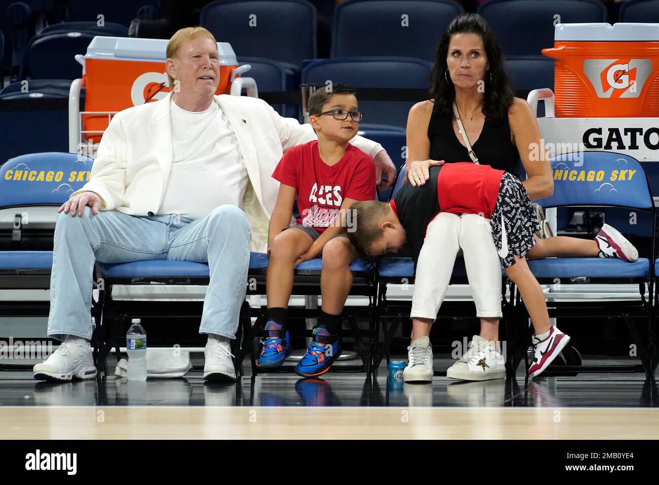 Las Vegas Aces owner Mark Davis, left, sits with head coach Becky ...