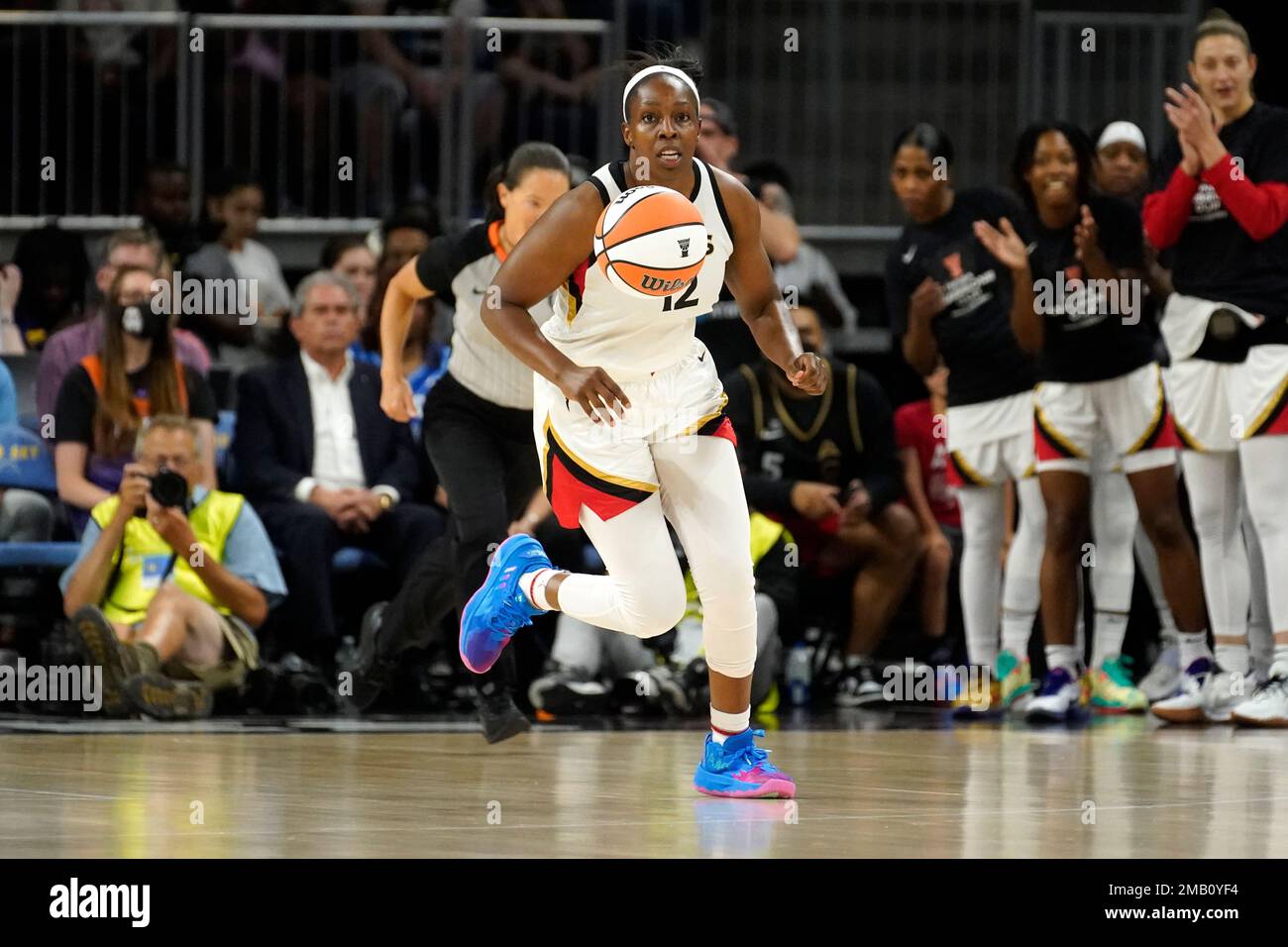 Las Vegas Aces' Chelsea Gray starts the fast break during the the WNBA ...