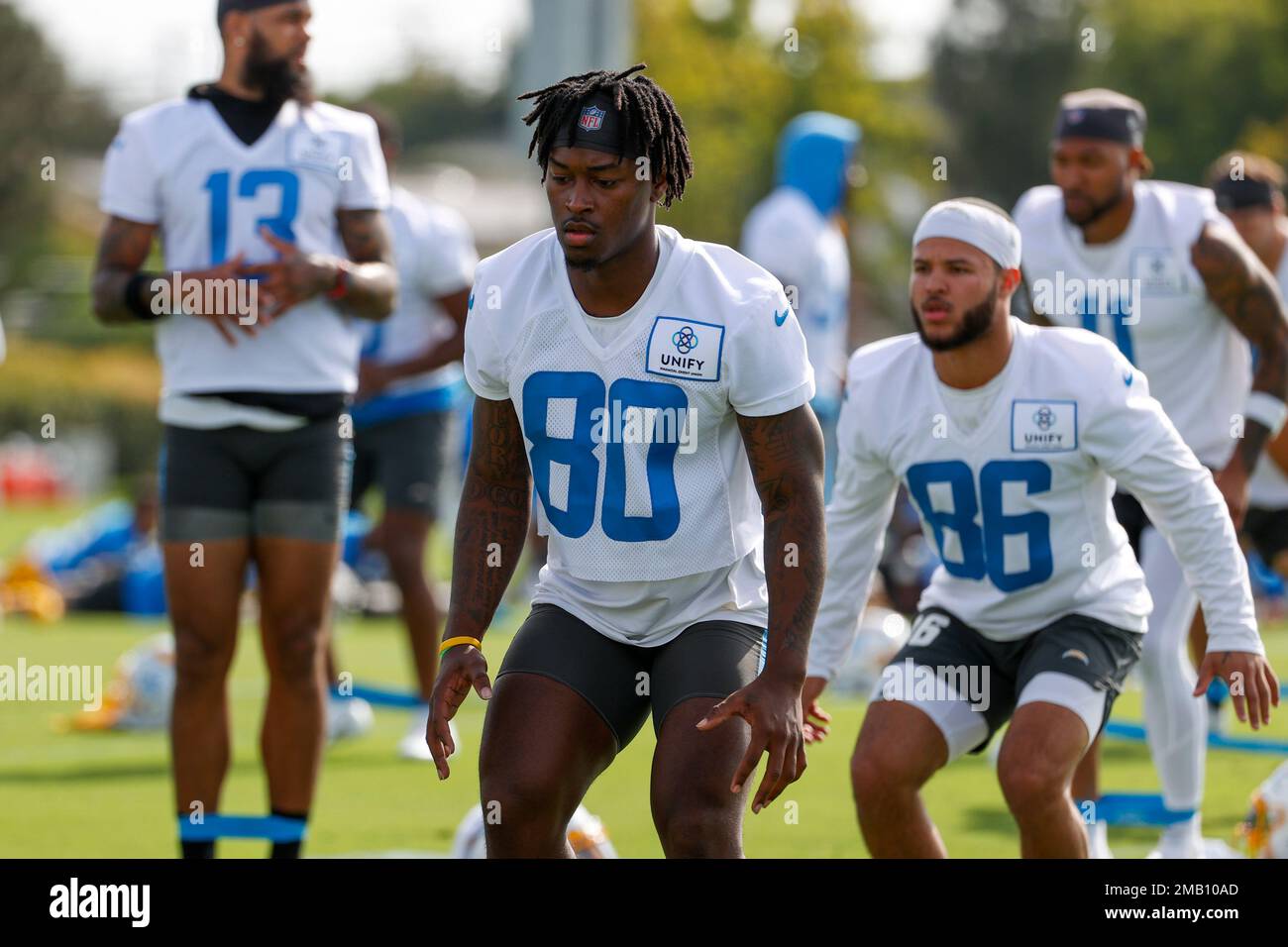 Los Angeles Chargers wide receiver Maurice Ffrench (80) takes part in ...