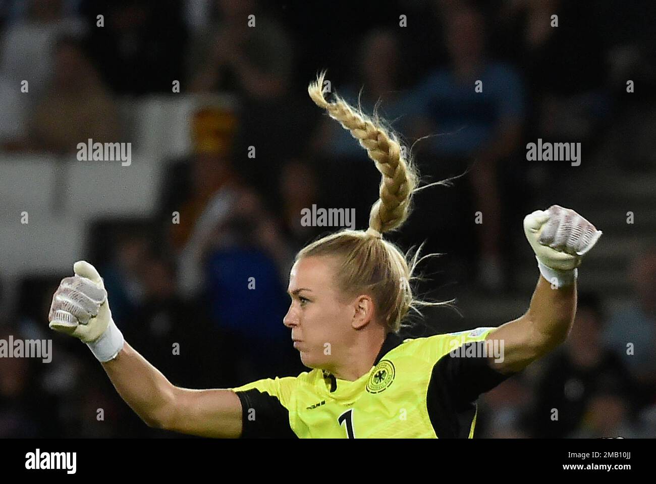 Germany's goalkeeper Merle Frohms jumps during the Women Euro 2022 semi ...