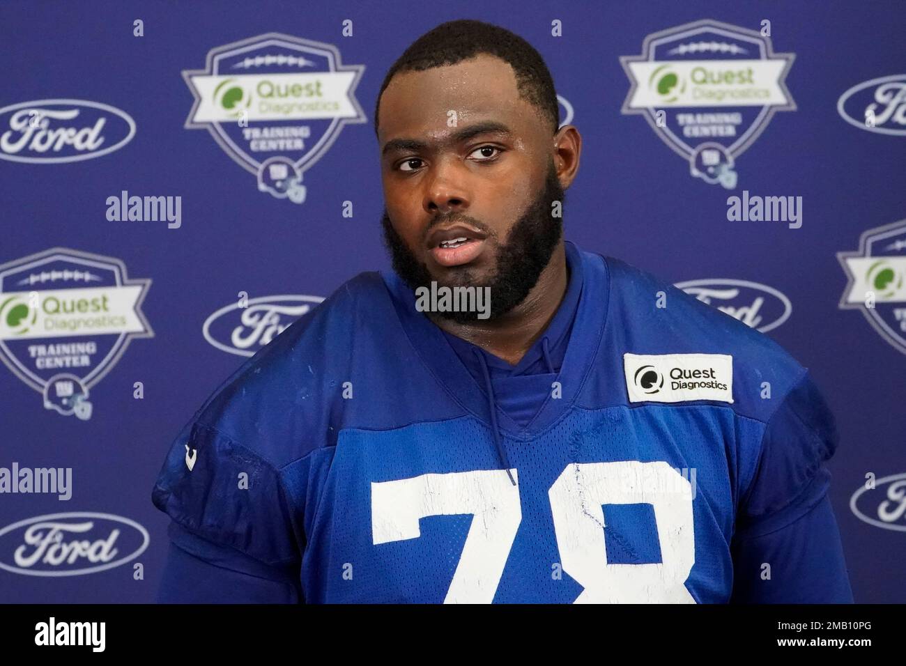 New York Giants tackle Andrew Thomas (78) speaks during a news ...