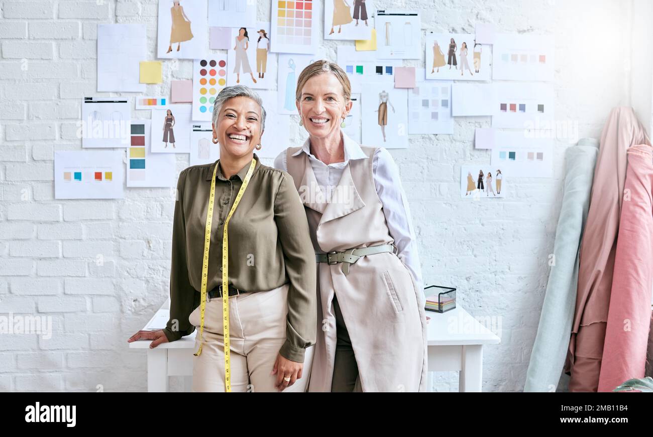 Fashion industry and happy portrait of women in workshop with creative ...