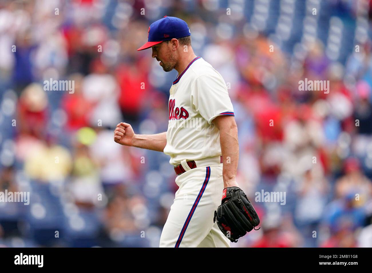 Philadelphia Phillies pitcher Andrew Bellatti reacts after a baseball ...