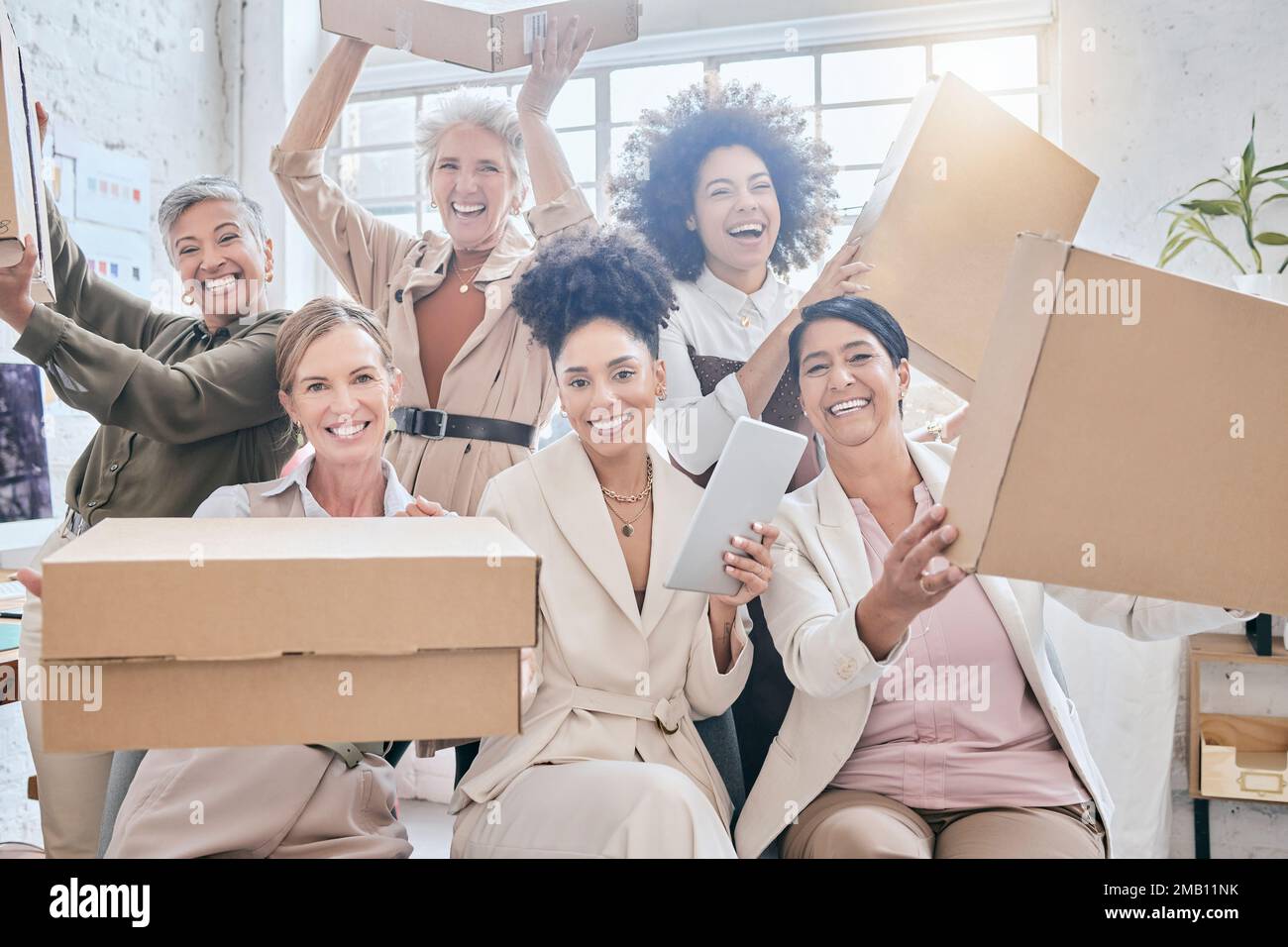 Shipping portrait, delivery box and happy people teamwork on retail ...