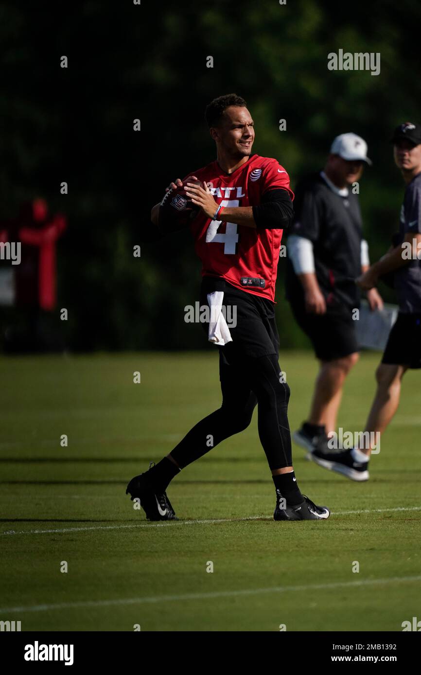 Atlanta Falcons quarterback Desmond Ridder takes part in drills at the ...
