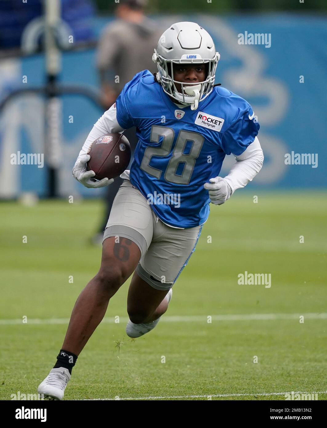 Detroit Lions running back Jermar Jefferson runs during drills at the ...
