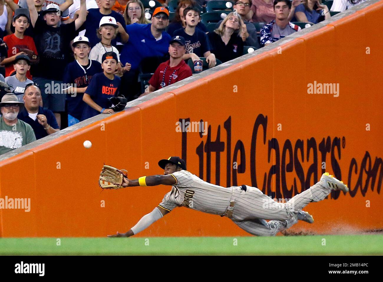 San Diego Padres left fielder Jurickson Profar makes a diving catch on ...