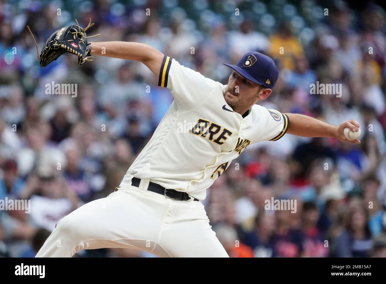 Milwaukee Brewers starter Ethan Small throws during the first inning of ...