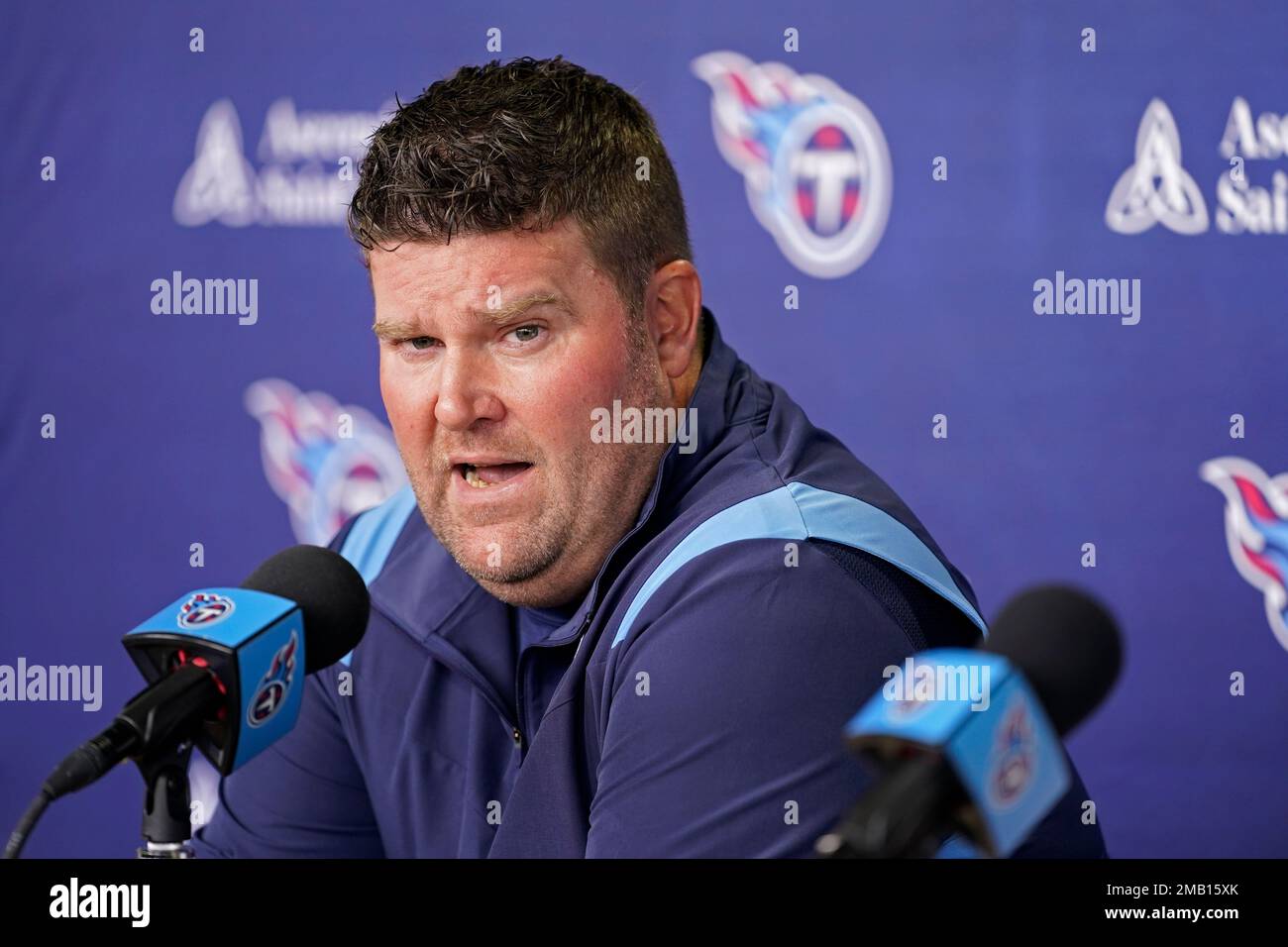 Tennessee Titans general manager Jon Robinson answers questions at a ...