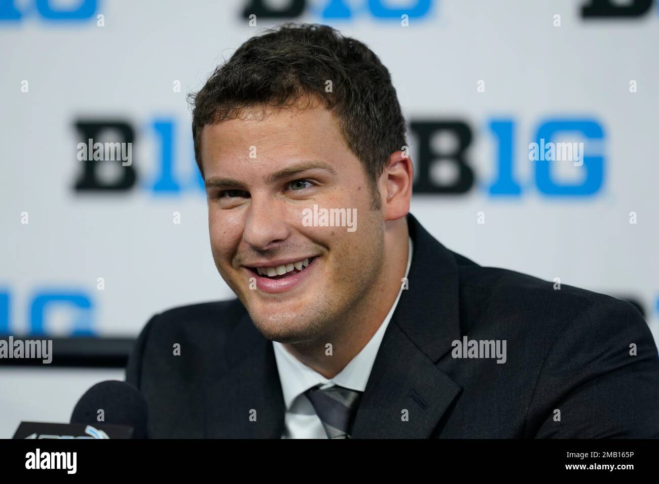 Iowa tight end Sam LaPorta talks to reporters during an NCAA college ...