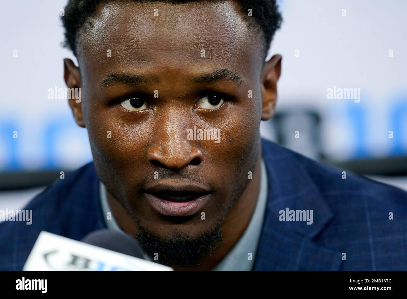 Minnesota defensive back Tyler Nubin talks to reporters during an NCAA ...