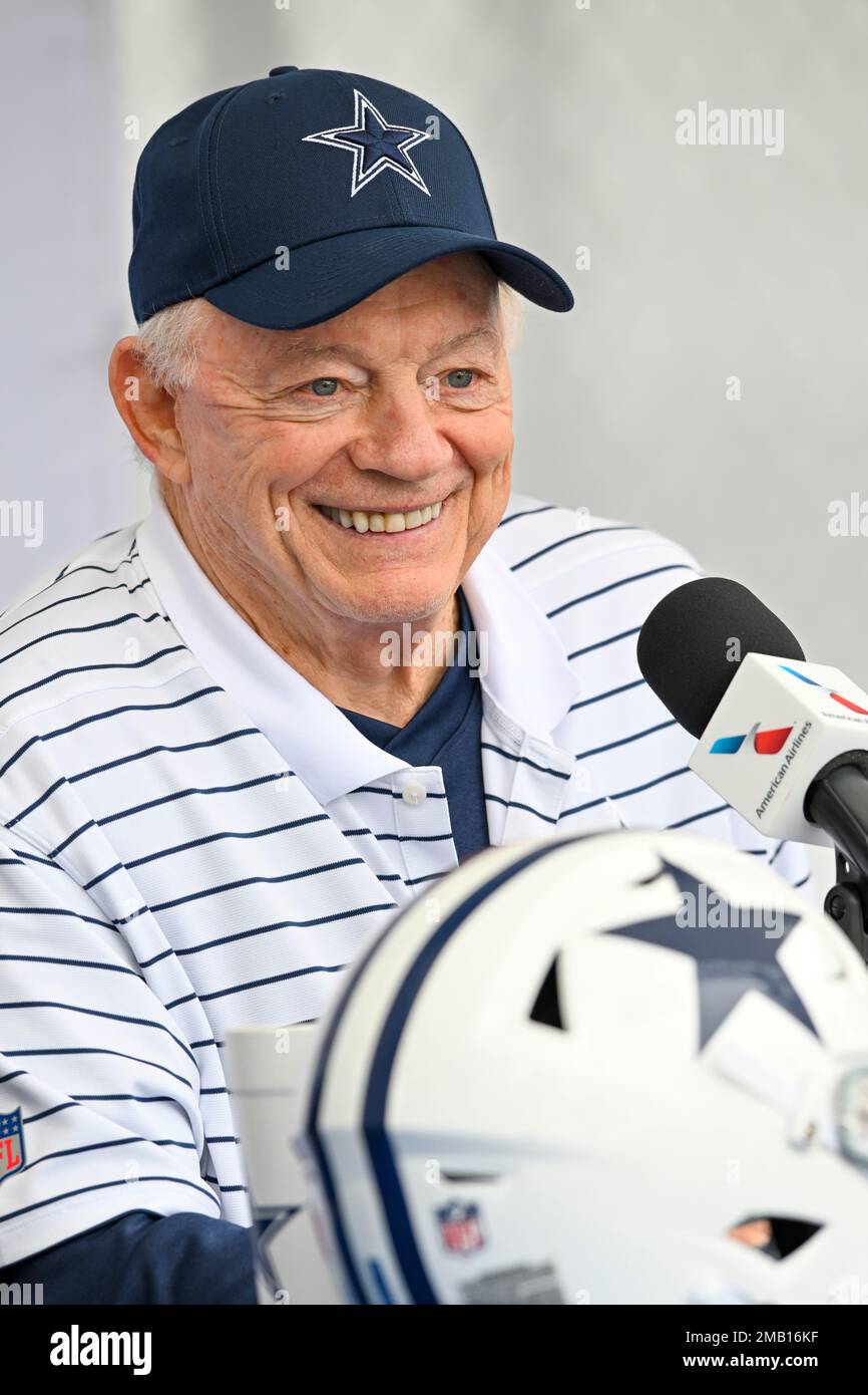 Dallas Cowboys owner Jerry Jones reacts as he takes questions from the ...