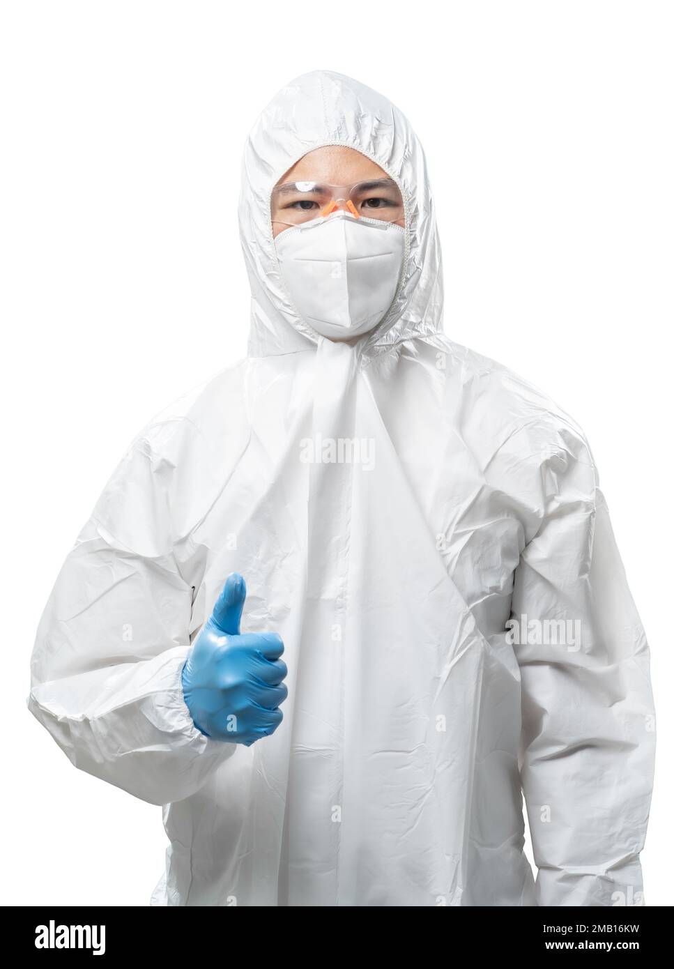 Worker wears medical protective suit or white coverall suit with mask ...