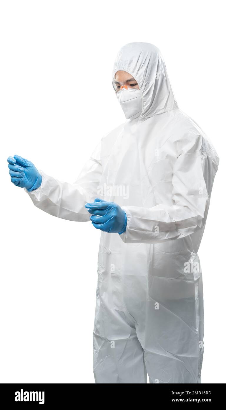 Worker wears medical protective suit or white coverall suit with mask ...