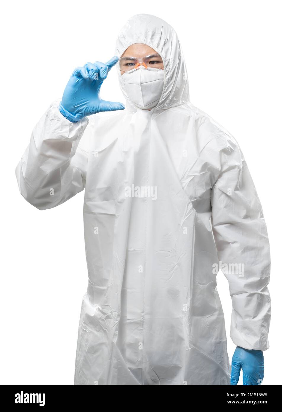 Worker wears medical protective suit or white coverall suit with mask ...