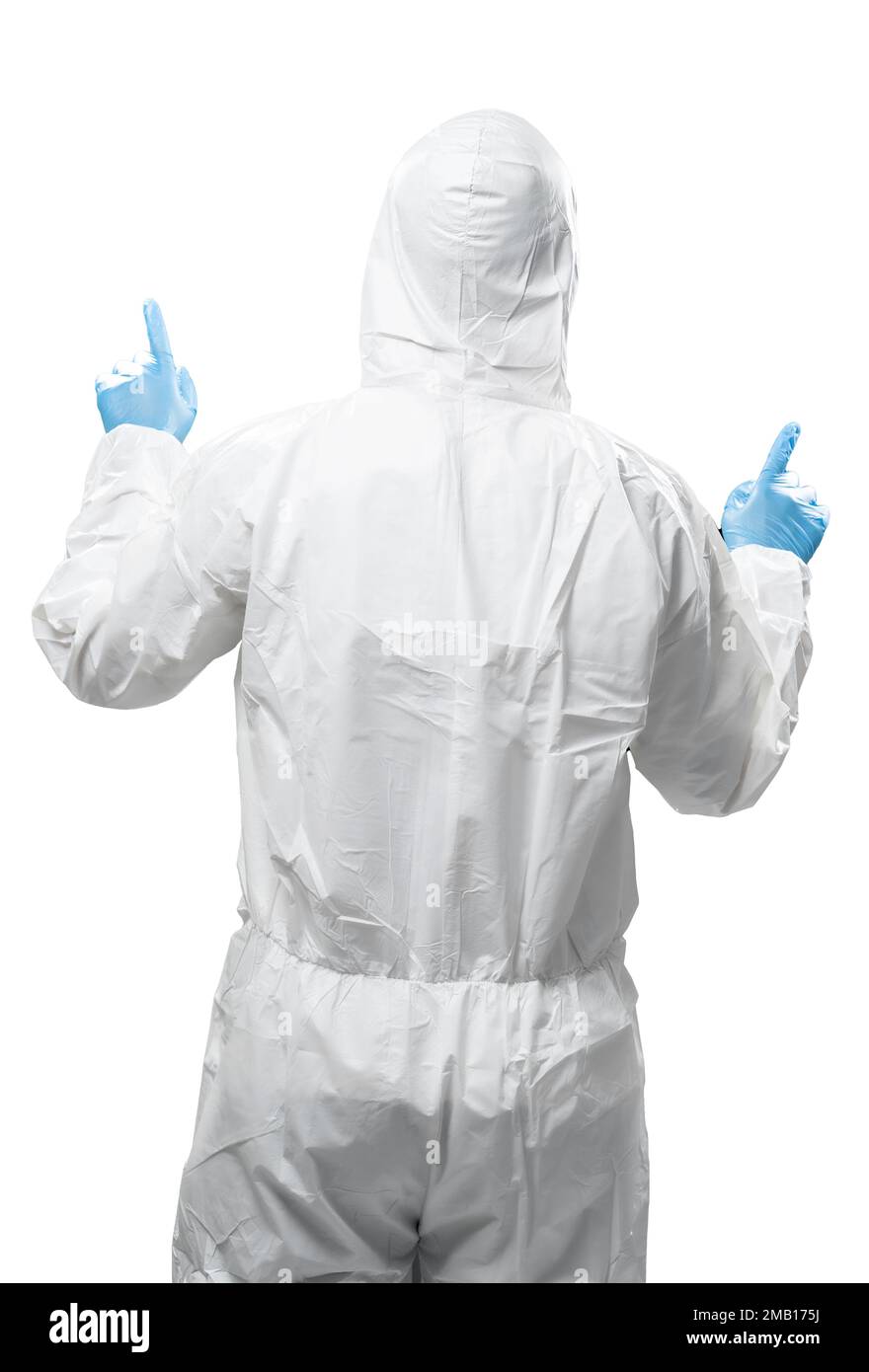 Worker wears medical protective suit or white coverall suit with mask ...