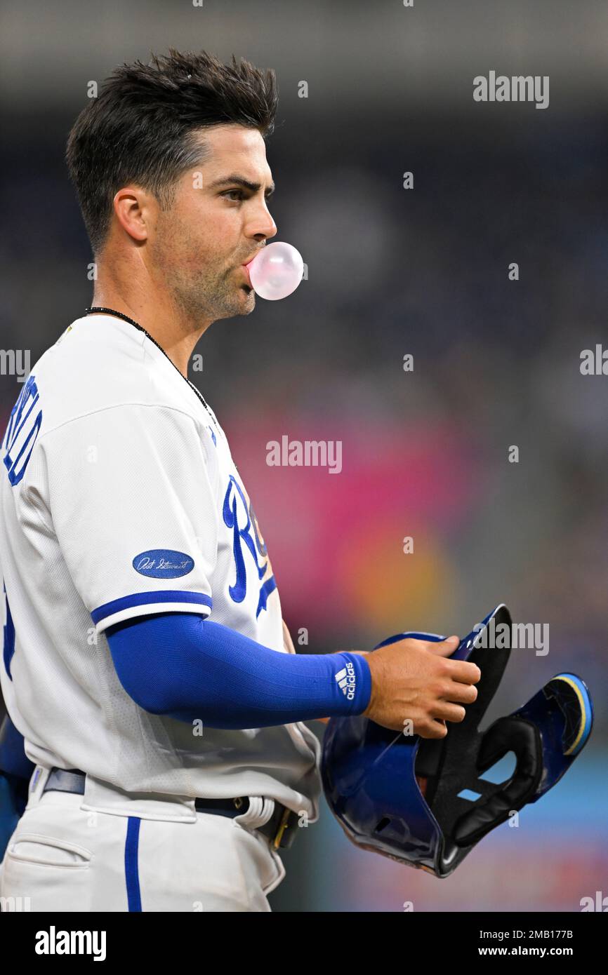 Kansas City Royals' Whit Merrifield waits during a pitcher change in ...