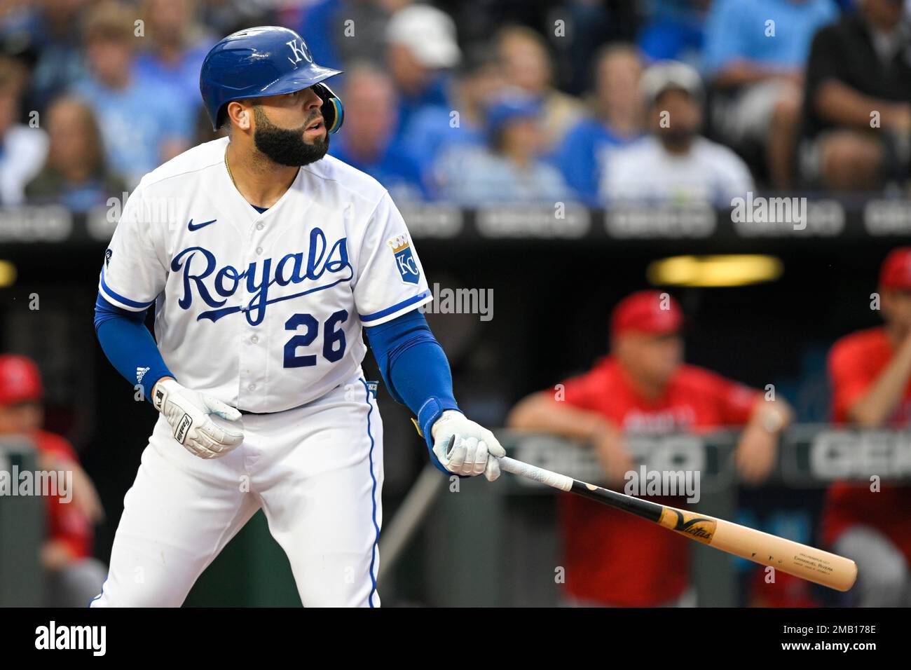 Kansas City Royals' Emmanuel Rivera at bat against the Los Angeles ...