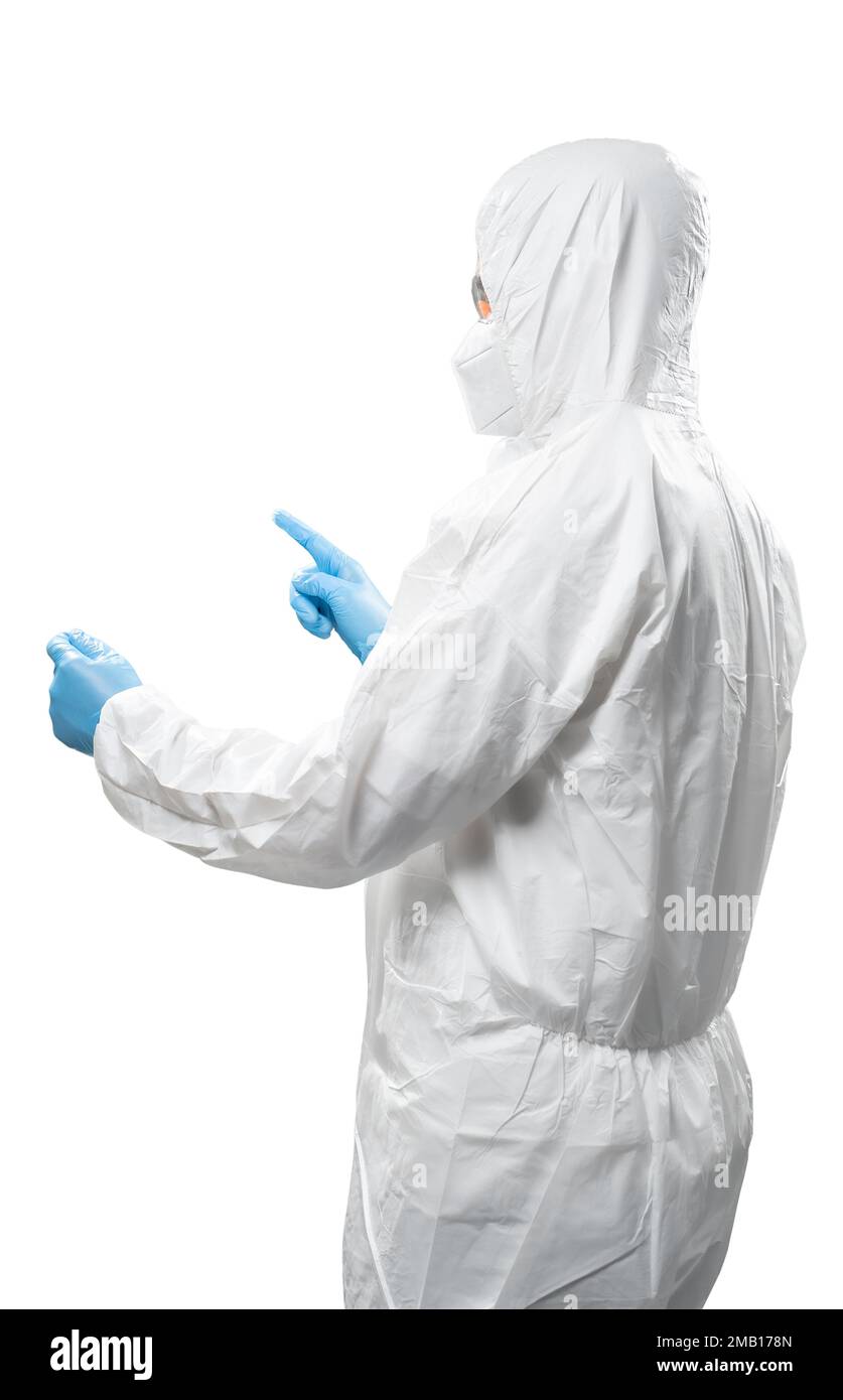 Worker wears medical protective suit or white coverall suit with mask ...