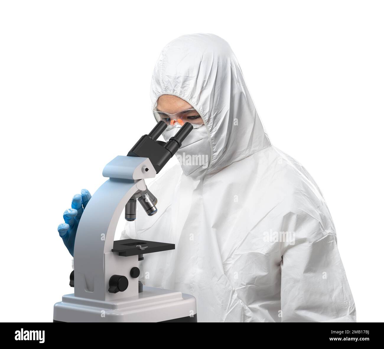 Worker wears medical protective suit or white coverall suit with mask ...