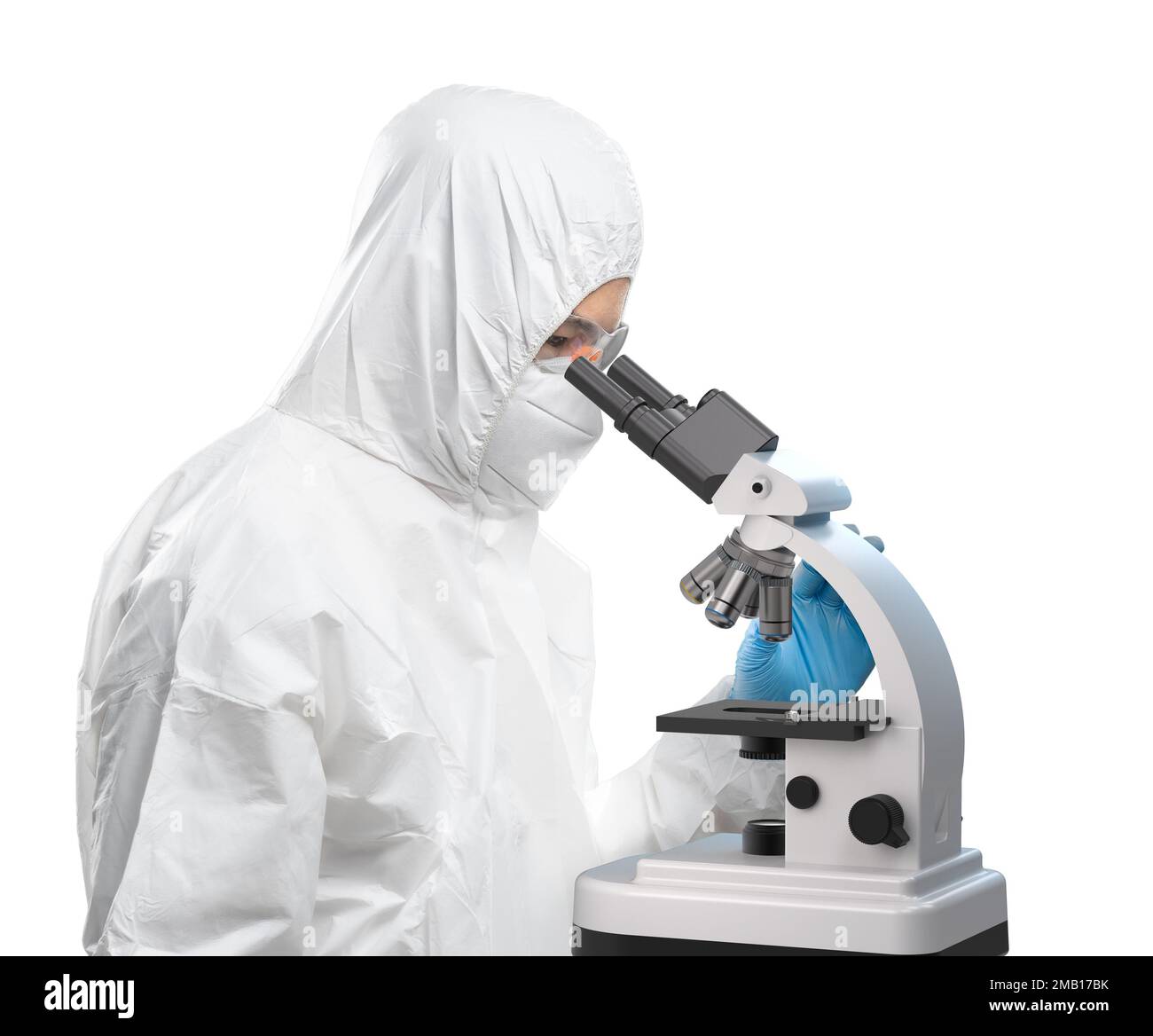 Worker wears medical protective suit or white coverall suit with mask ...