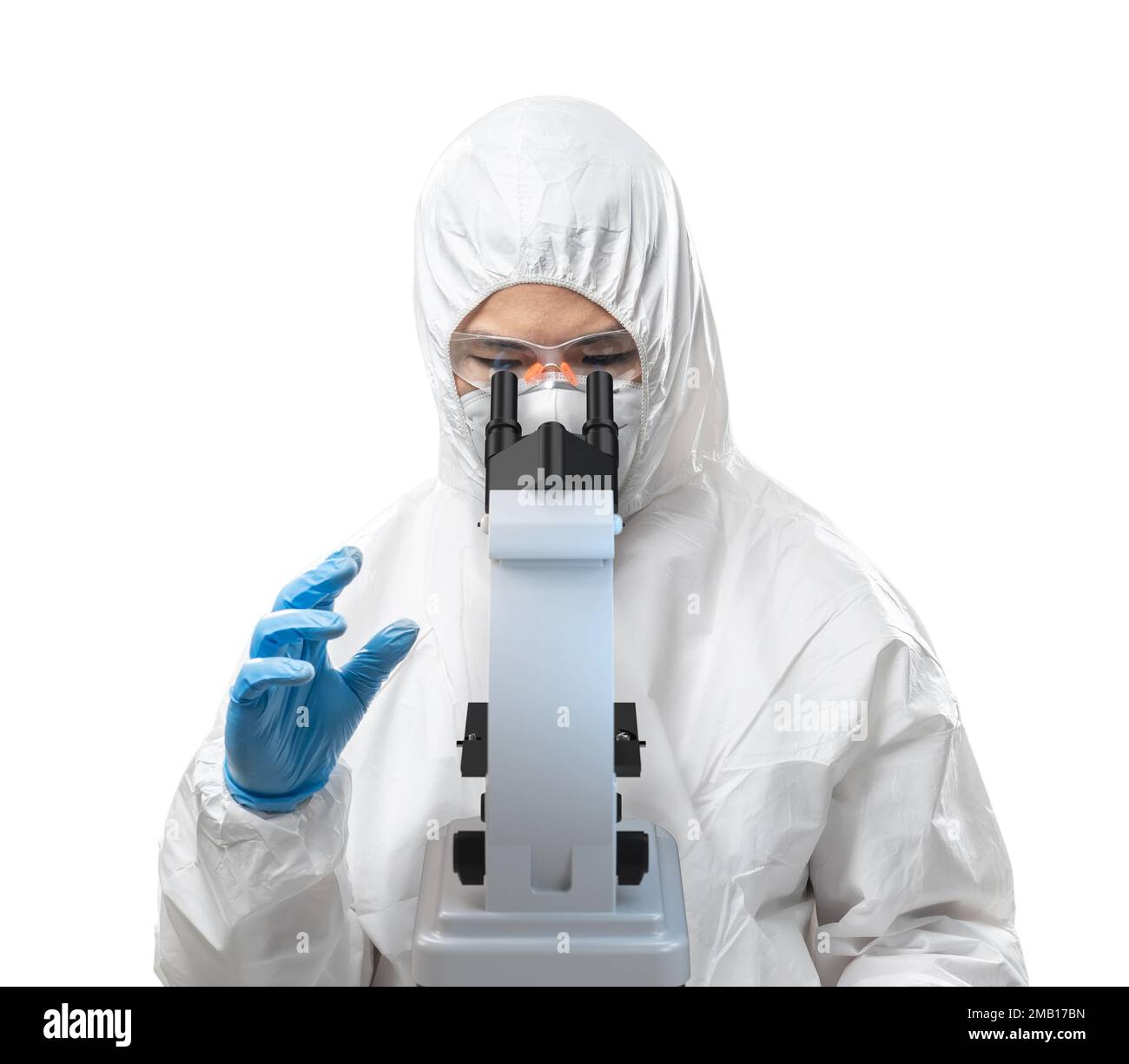 Worker wears medical protective suit or white coverall suit with mask ...