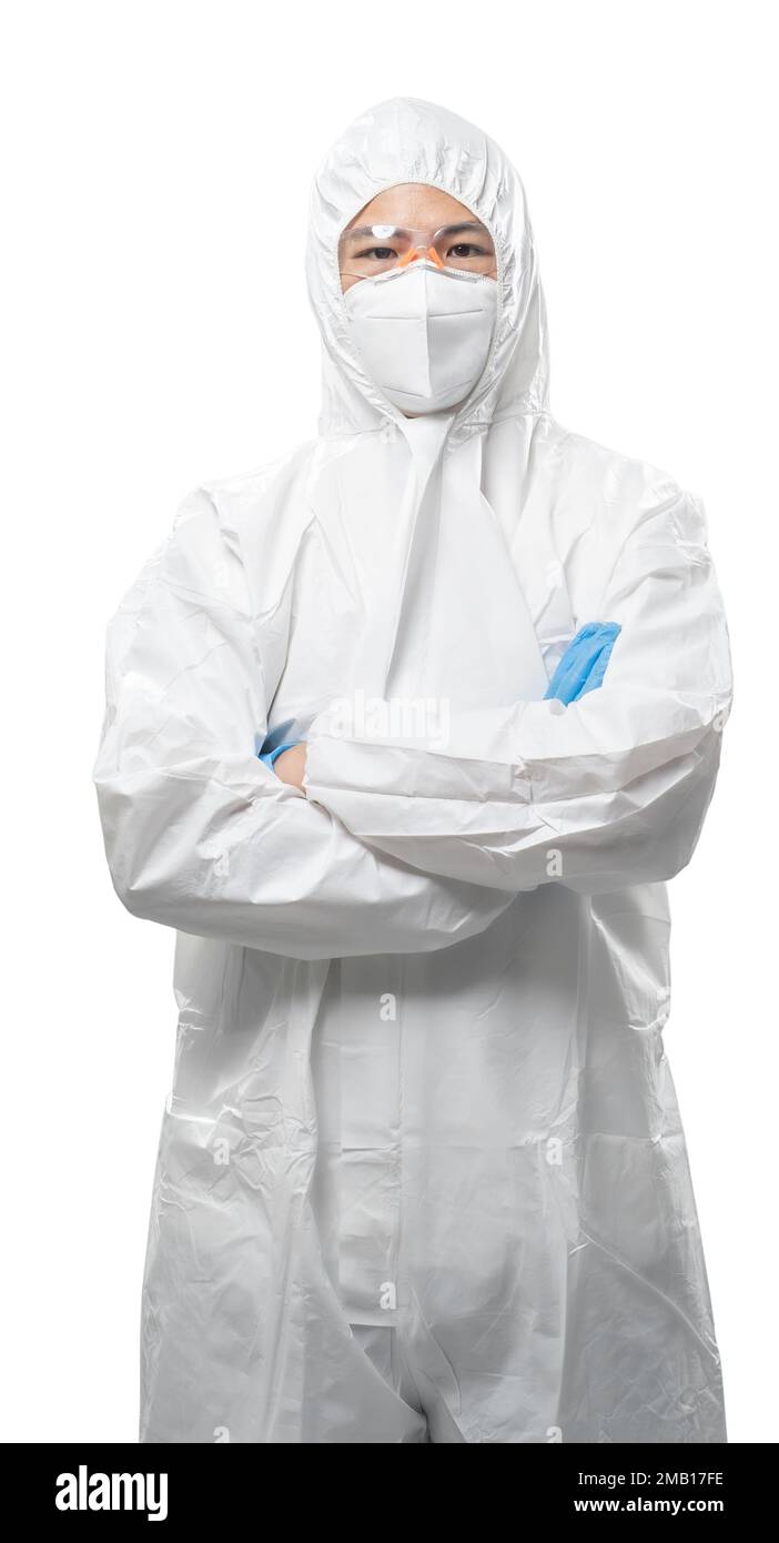 Worker wears medical protective suit or white coverall suit with mask ...