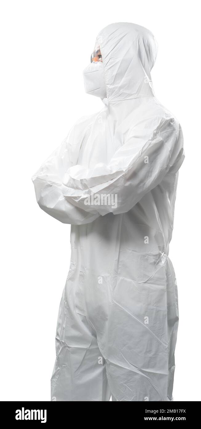 Worker wears medical protective suit or white coverall suit with mask ...