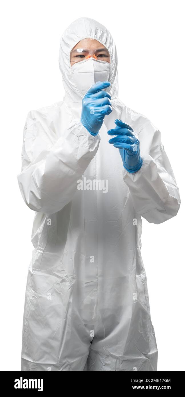 Worker wears medical protective suit or white coverall suit with mask ...