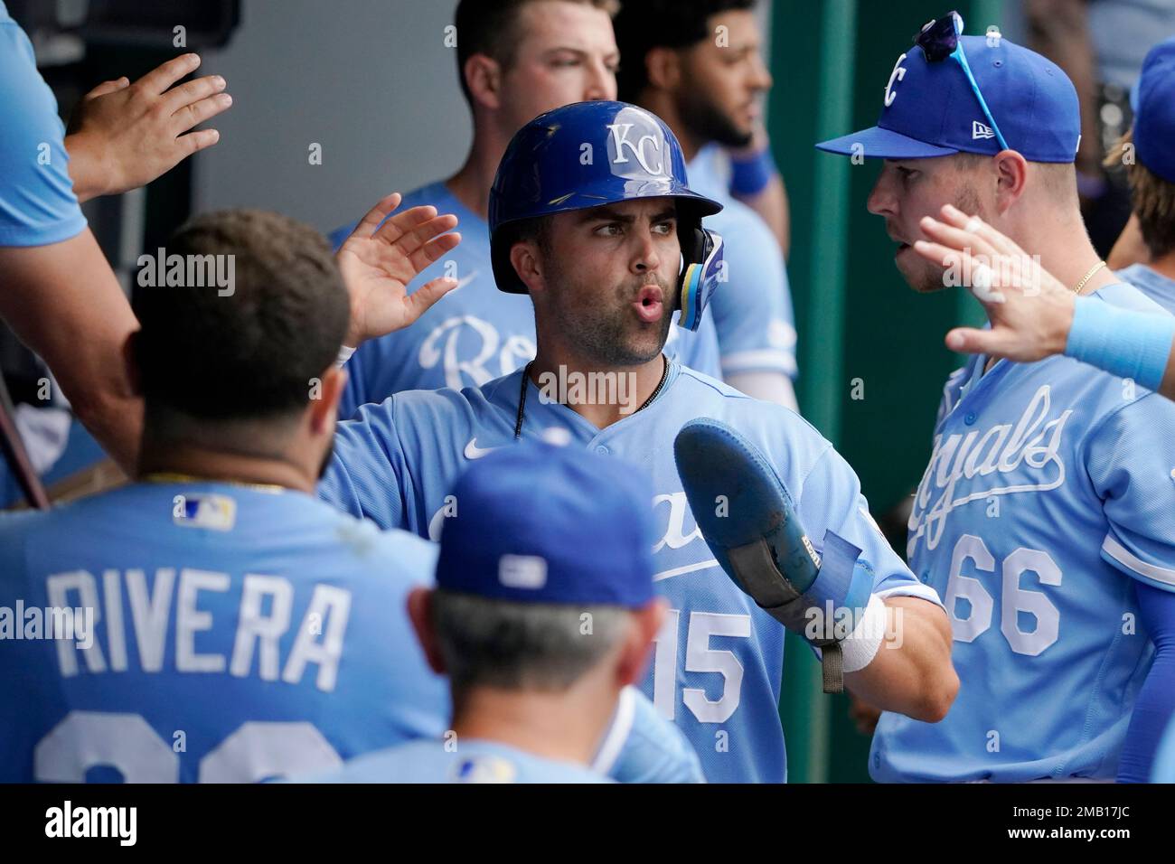 Kansas City Royals' Whit Merrifield celebrates after scoring against ...