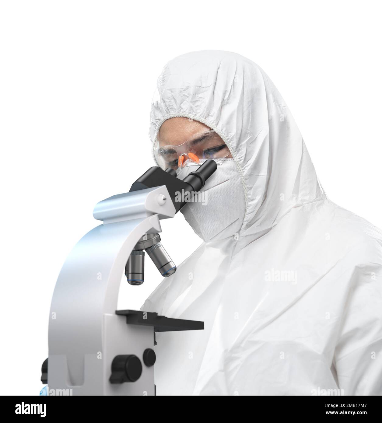 Worker wears medical protective suit or white coverall suit with mask ...