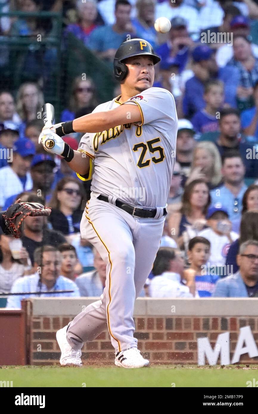 Pittsburgh Pirates' Yoshi Tsutsugo swings at a pitch in a baseball game ...