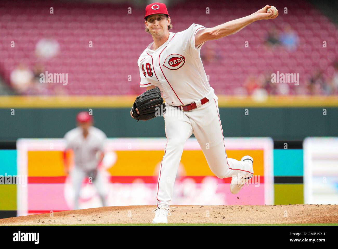 Cincinnati Reds starting pitcher Nick Lodolo throws during the first inning of a baseball game ...