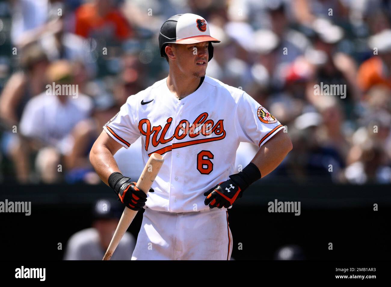 Baltimore Orioles' Ryan Mountcastle looks on during a baseball game ...