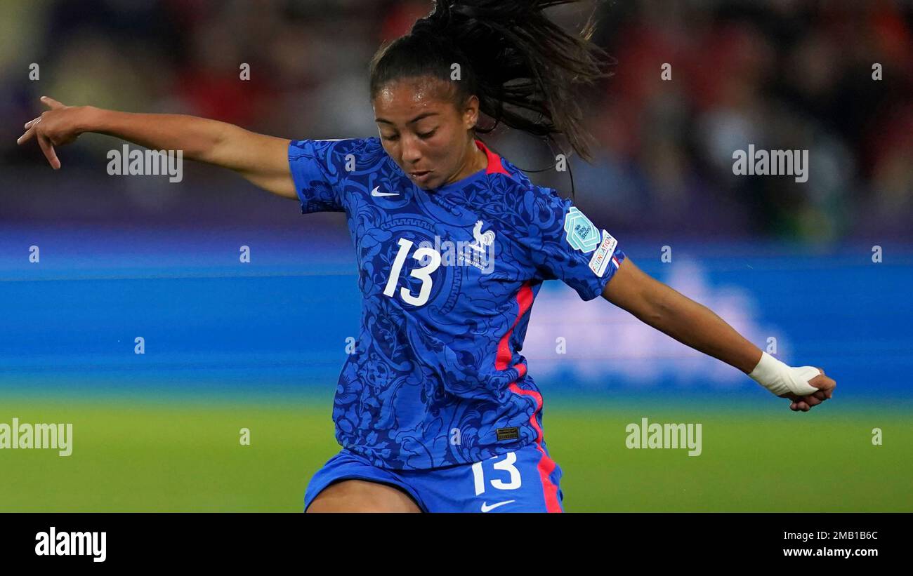 France's Selma Bacha attempts a shot at goal during the Women Euro 2022 ...