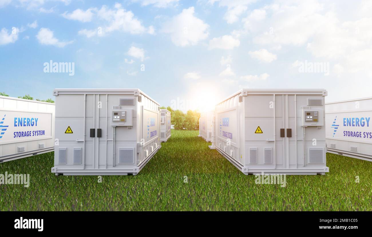 3d rendering group of energy storage systems or battery container units ...