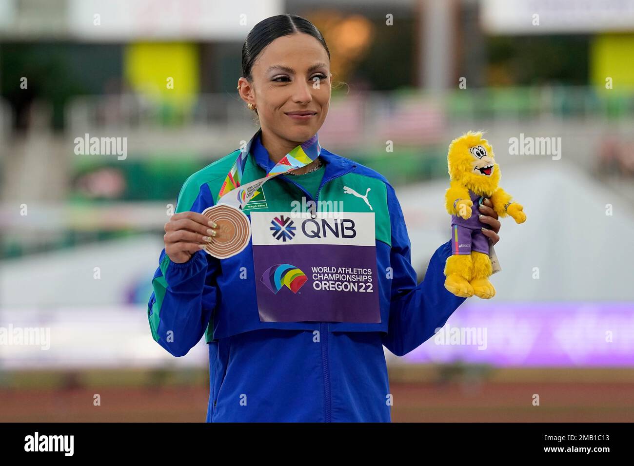 Bronze medalist Leticia Oro Melo, of Brazil, poses during a medal ...