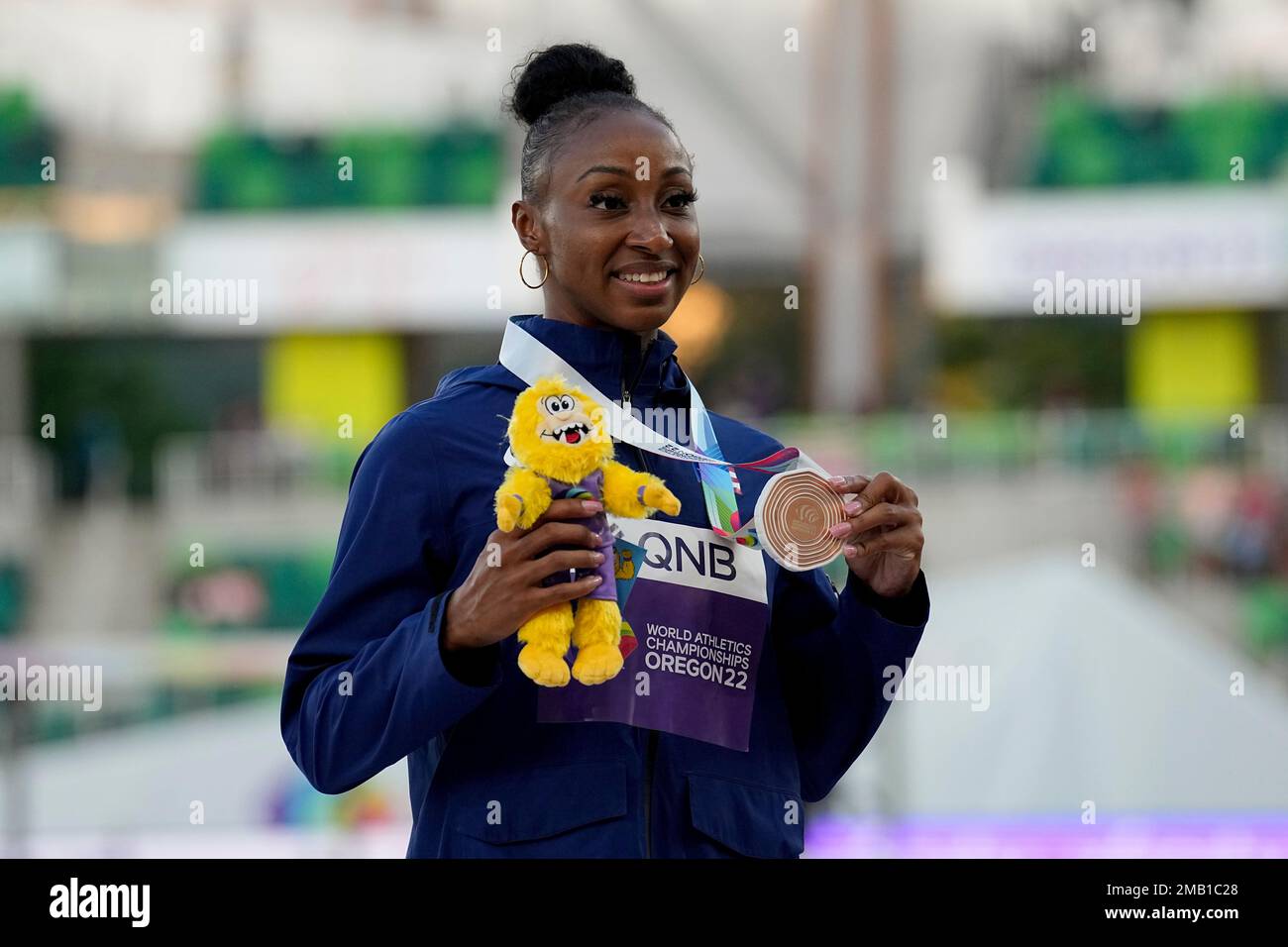Bronze medalist Jasmine Camacho-Quinn, of Puerto Rico, poses during a ...