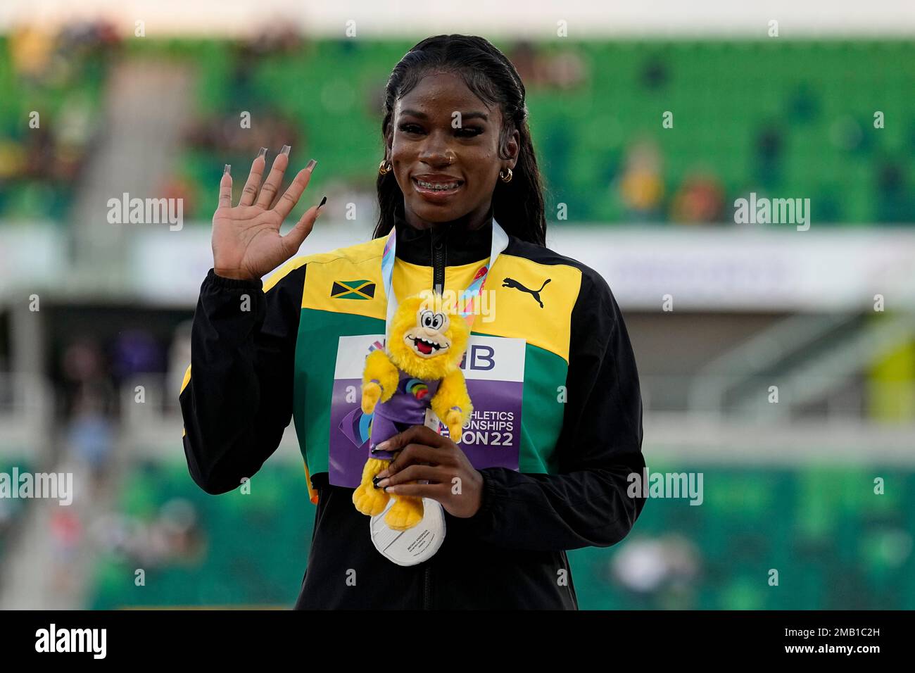 Silver medalist Britany Anderson, of Jamaica, poses during a medal ... Silver medalist Britany Anderson, of Jamaica, poses during a medal ...