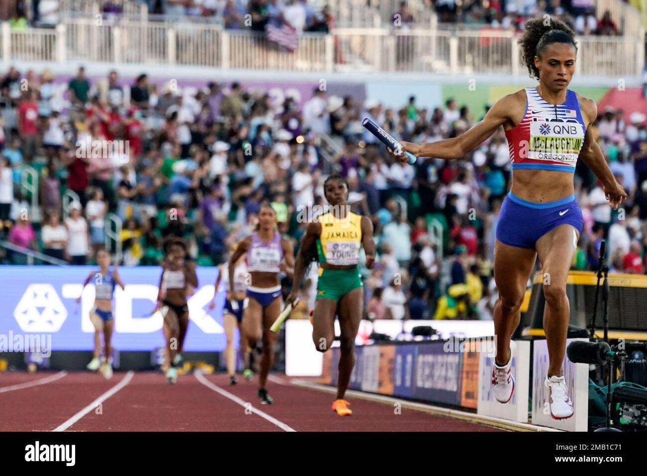 Sydney Mclaughlin, of the United States, wins the women's 4x400-meter ...